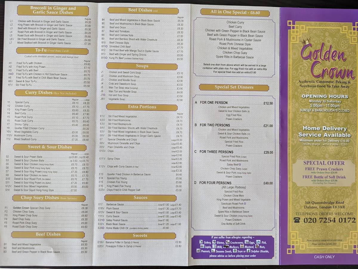 Menu at Golden Crown fast food, London, 348 Queensbridge Rd