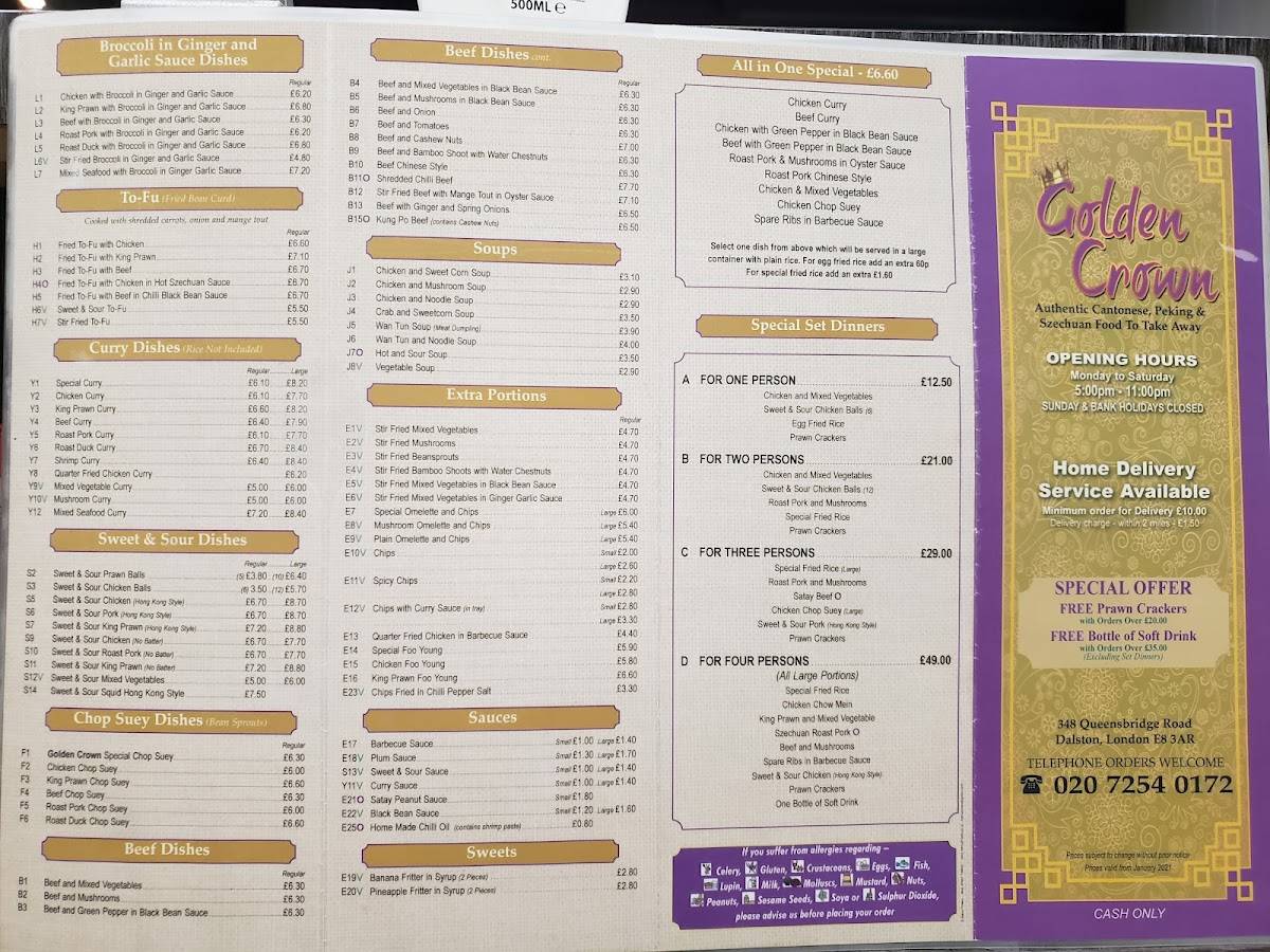 Menu at Golden Crown fast food, London, 348 Queensbridge Rd