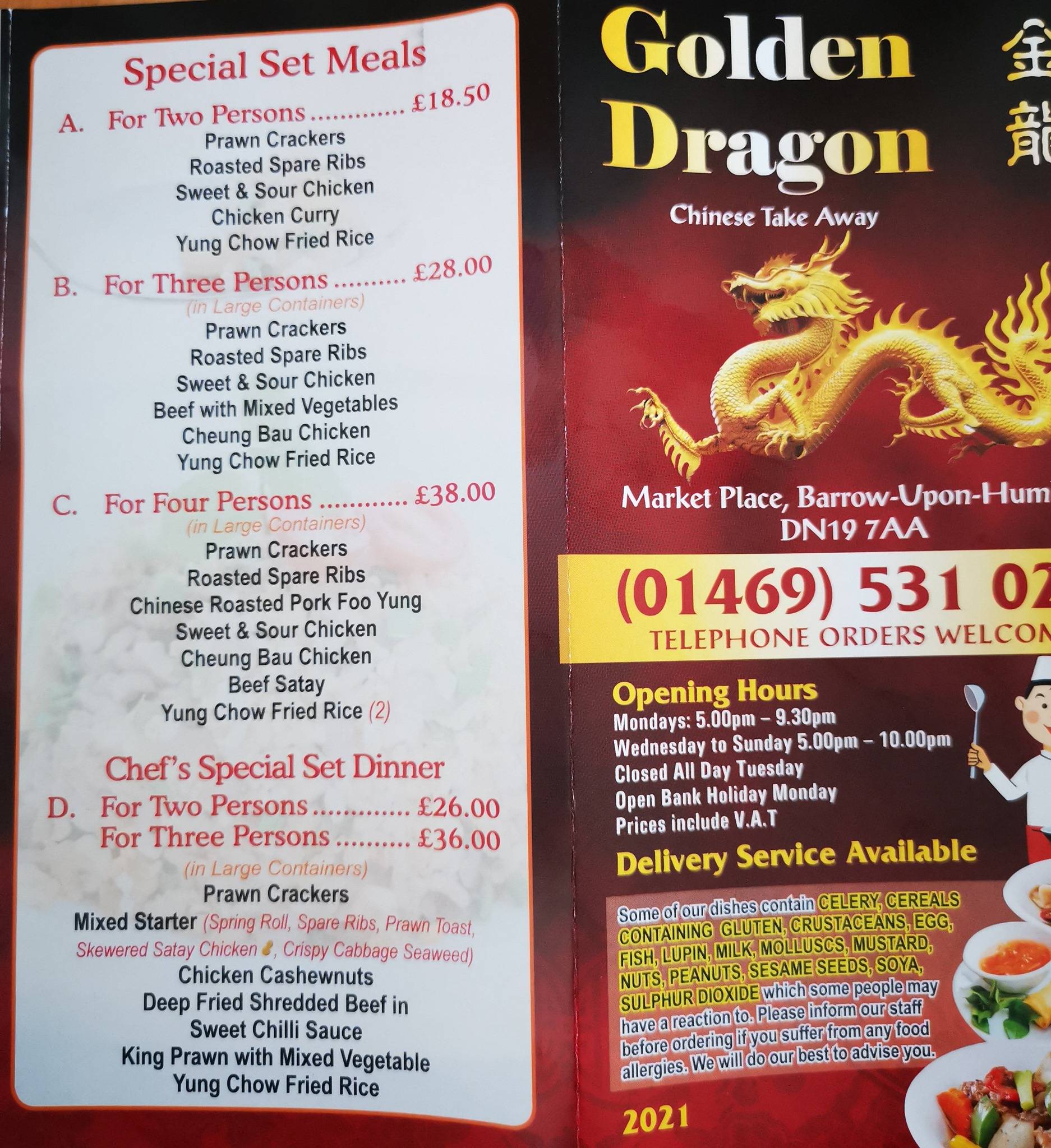 Menu at Golden Dragon fast food, Barrow upon Humber