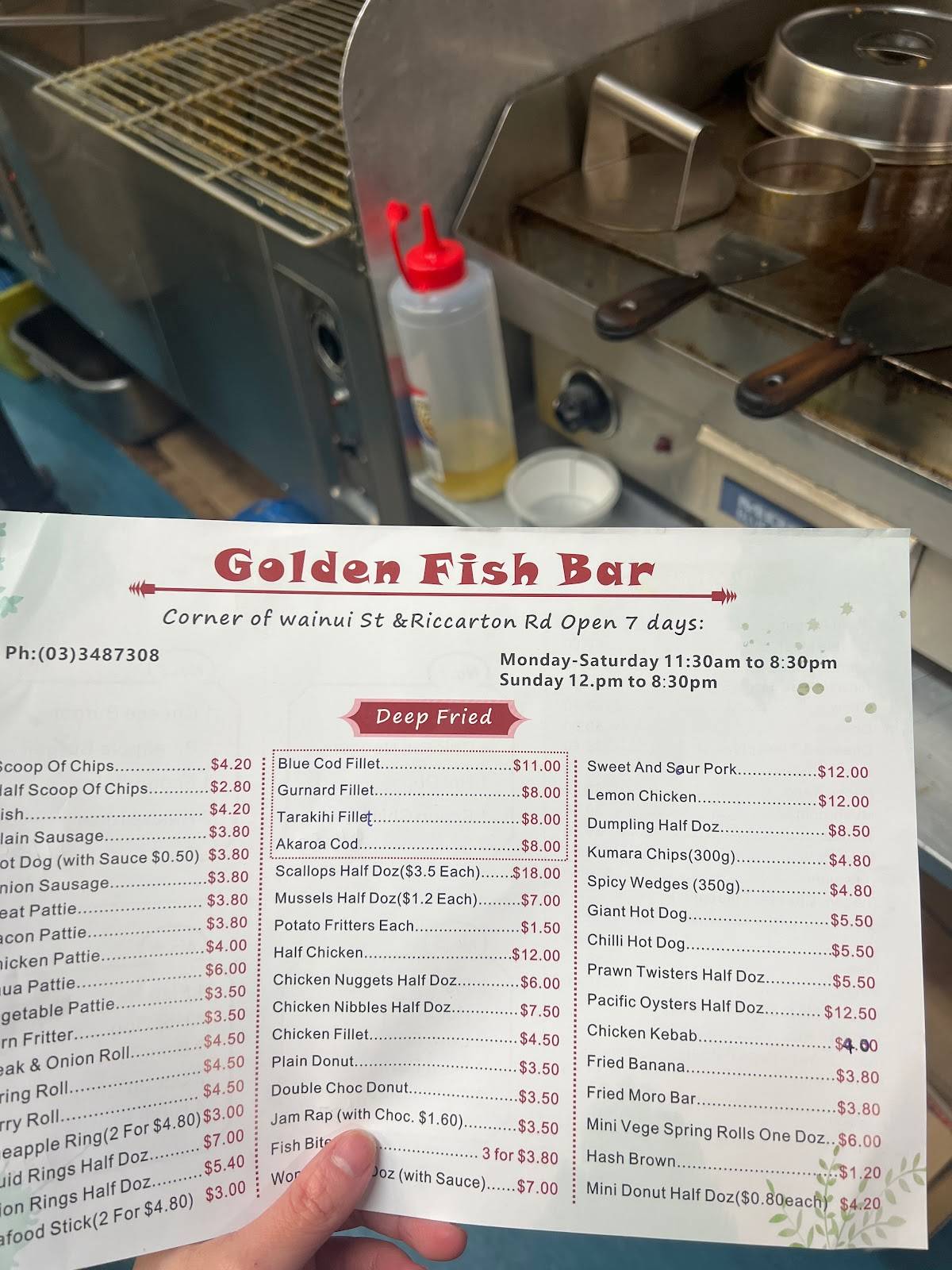 Menu at Golden Fish Bar, Christchurch