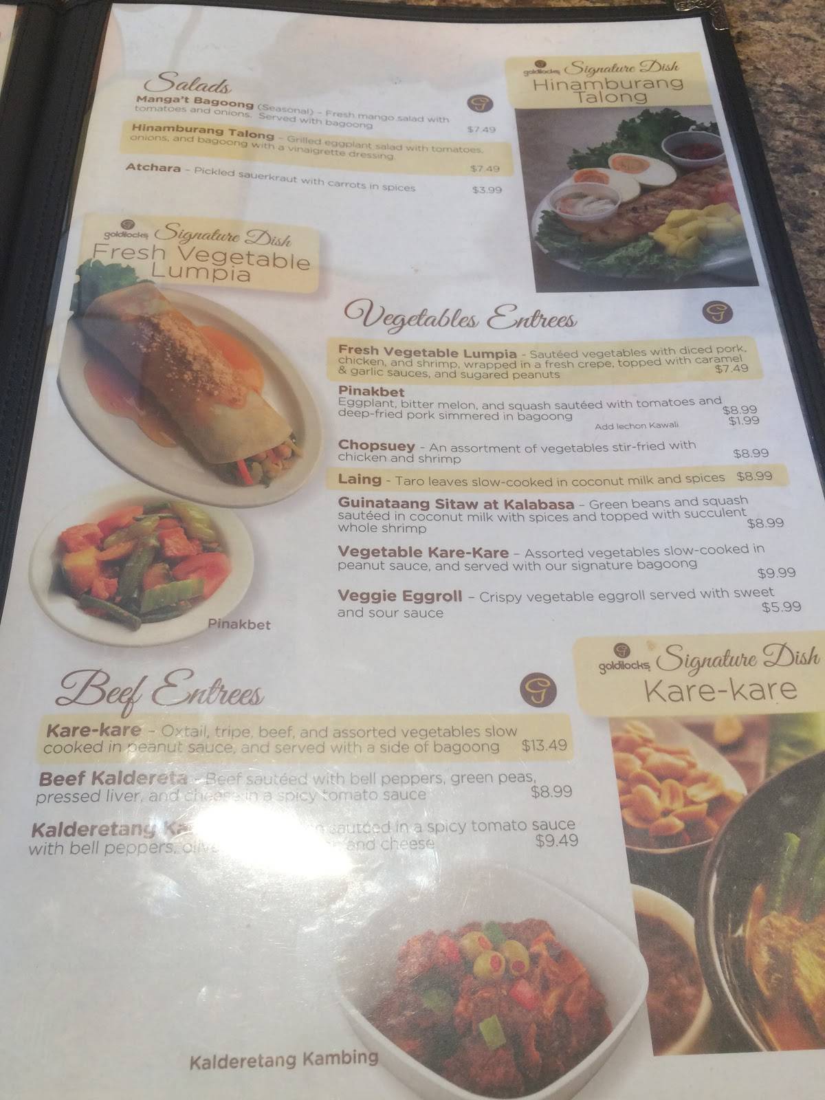Menu at Goldilocks Bakeshop and Restaurant, Cerritos