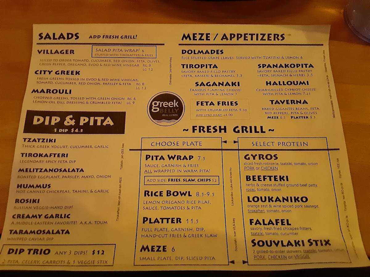 Menu at Greek Belly restaurant, Springfield