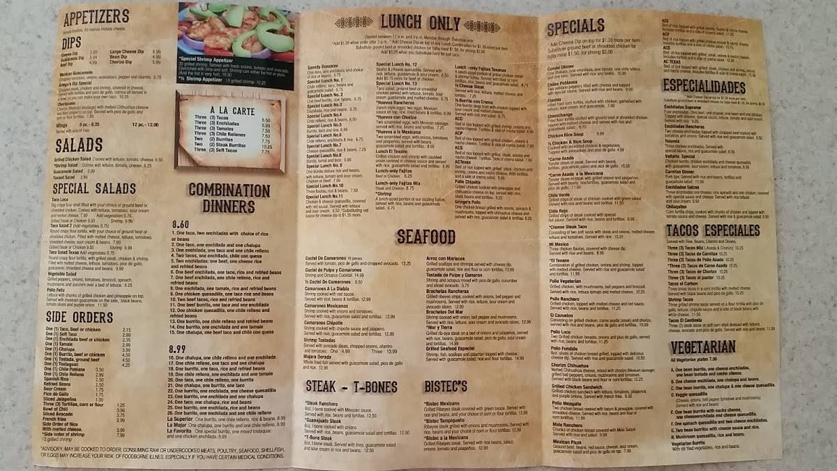Menu at Gringo's Mexican Grill restaurant, Jefferson