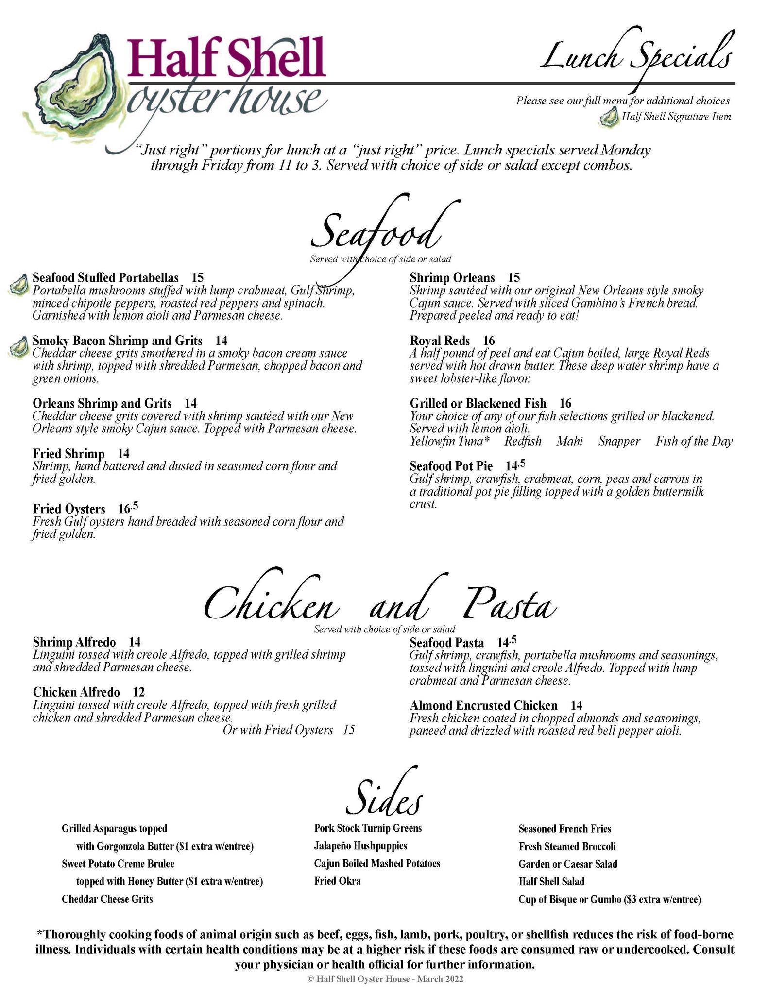 Menu at Half Shell Oyster House restaurant, Gulfport