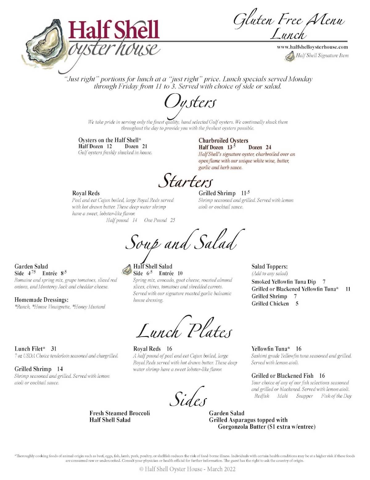 Menu at Half Shell Oyster House restaurant, Gulfport