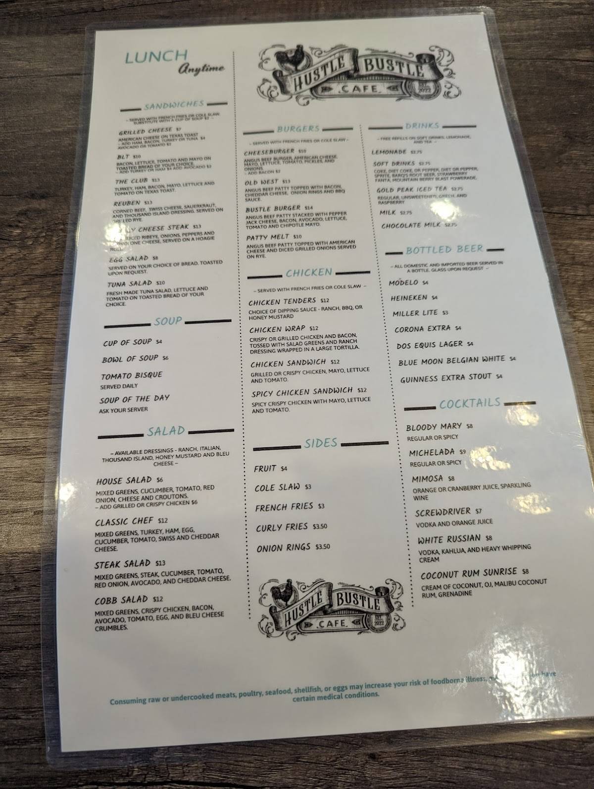 Menu at HUSTLE BUSTLE CAFE, Tucson