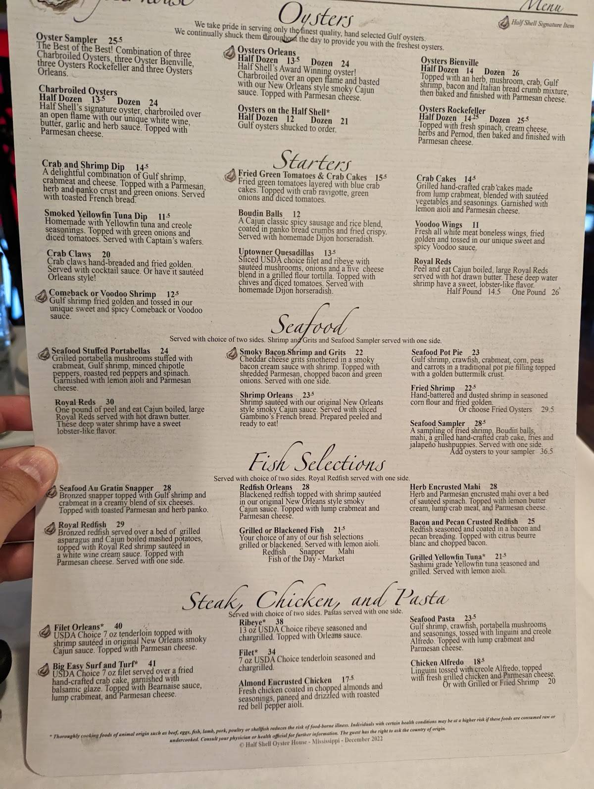 Menu at Half Shell Oyster House restaurant, Gulfport