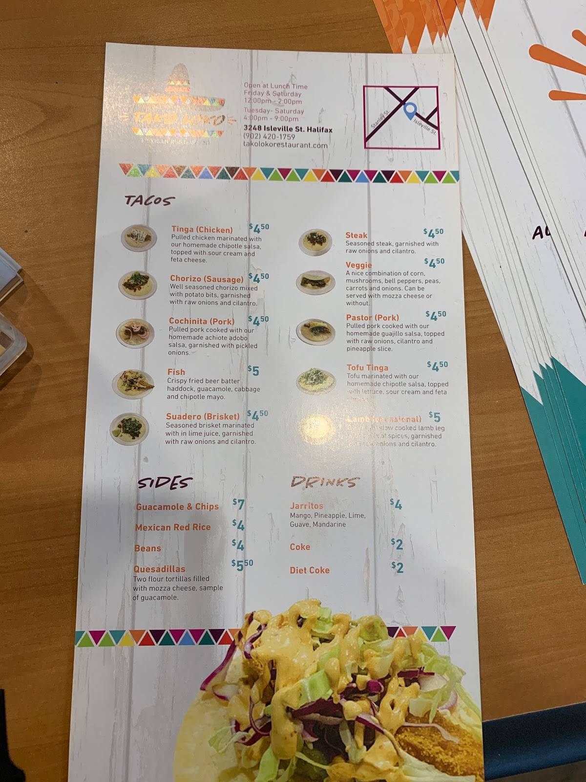 Menu at Tako Loko Mexican Restaurant, Halifax