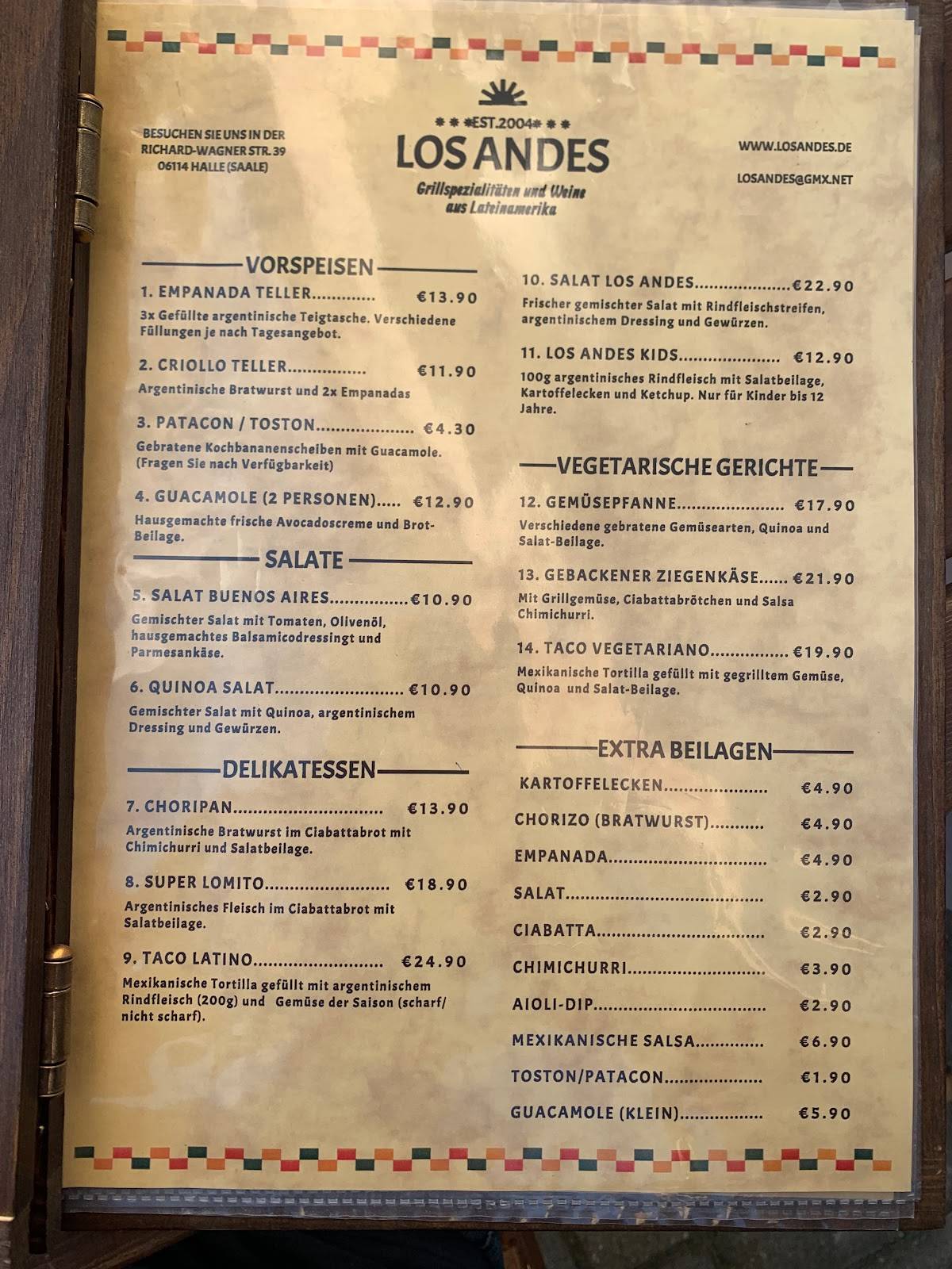 Carta de Restaurant Los Andes - Lateinamerikanische Grillspezialitäten ...
