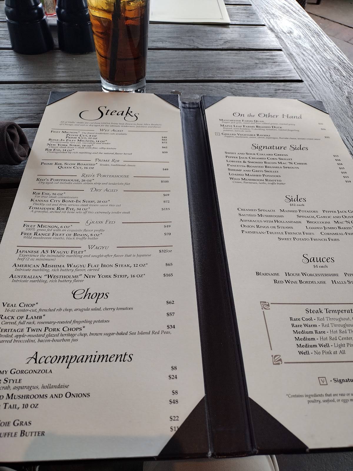 Menu at Halls Chophouse Columbia steakhouse, Columbia