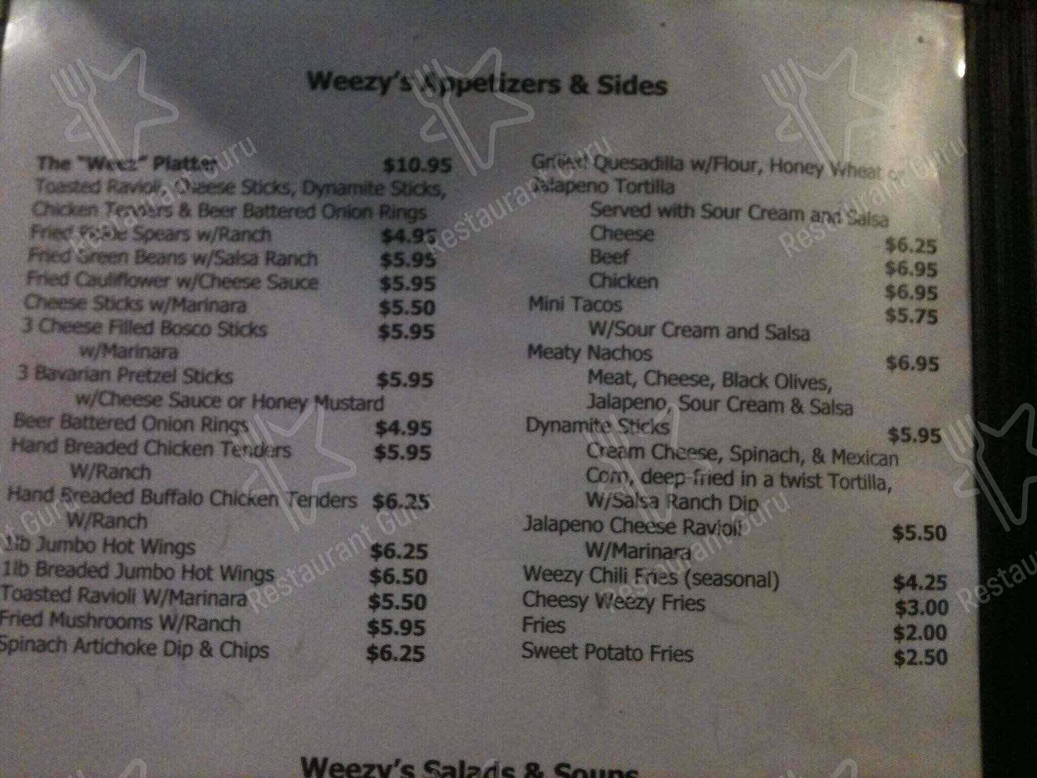 Menu at Weezy's pub & bar, Hamel