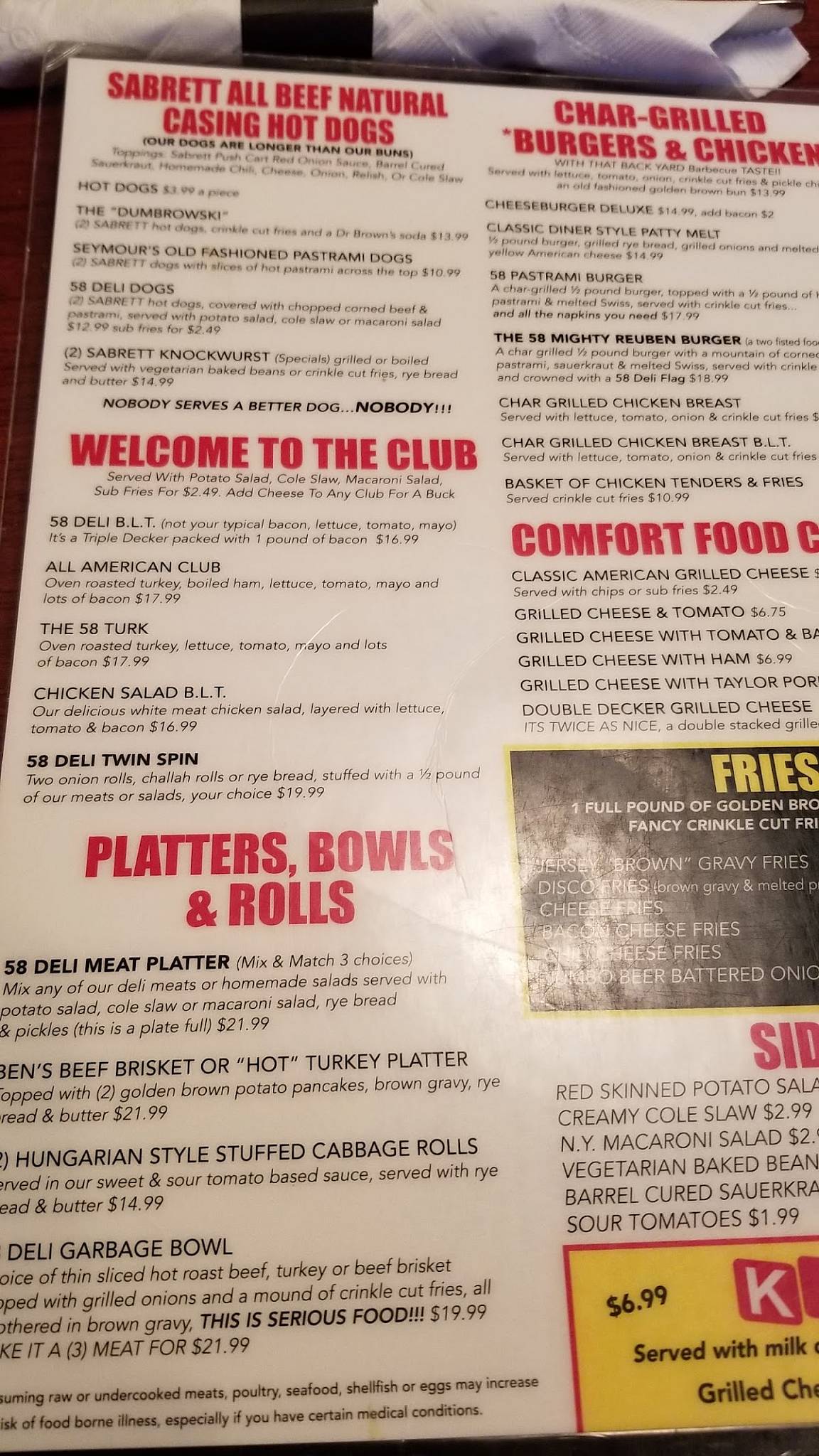 Menu at The Route 58 Deli restaurant, Virginia Beach