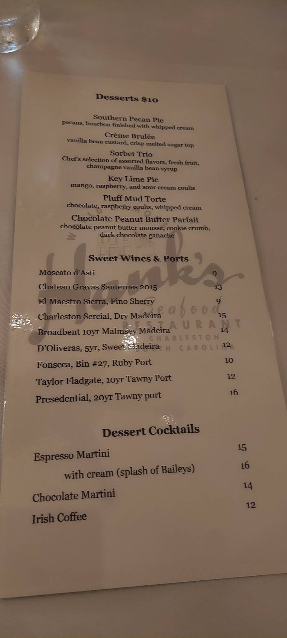 Menu at Hank's Seafood Restaurant, Charleston