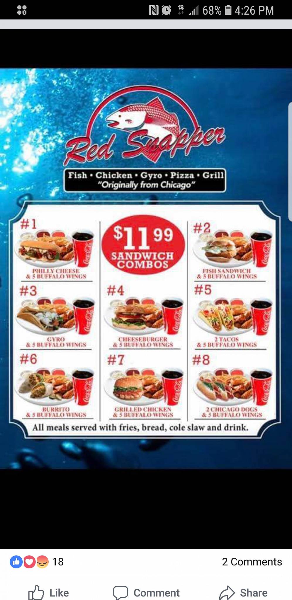 Menu at red snapper fish & chicken restaurant, Hapeville