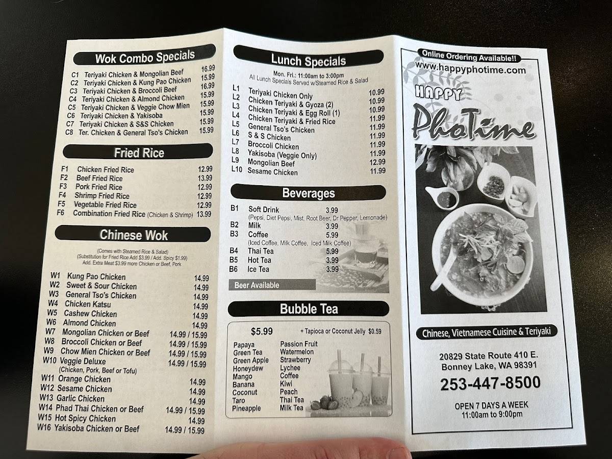 Menu at Happy Pho Time restaurant, Bonney Lake