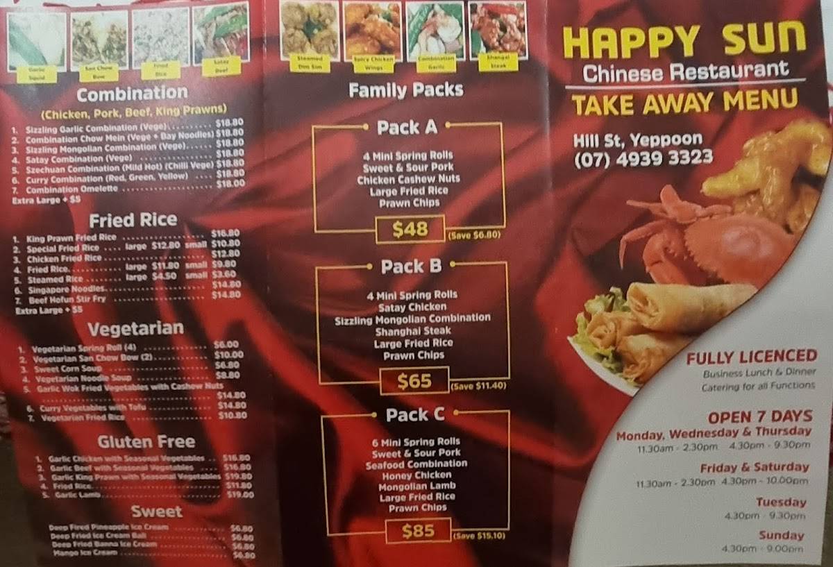 Carta de Happy Sun Restaurant, Yeppoon, 20 Hill St