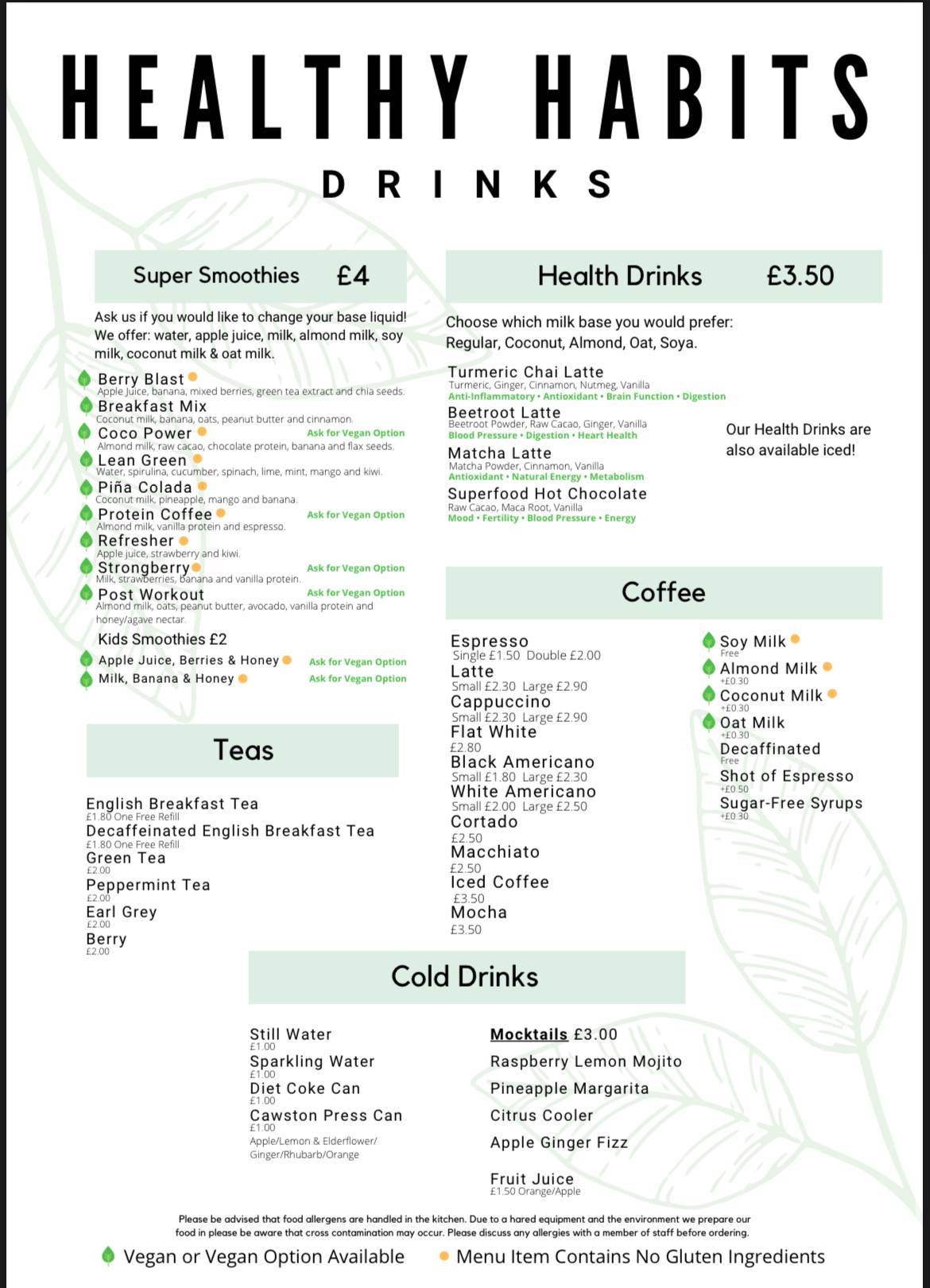 Menu at Healthy Habits Cafe, Broadstone
