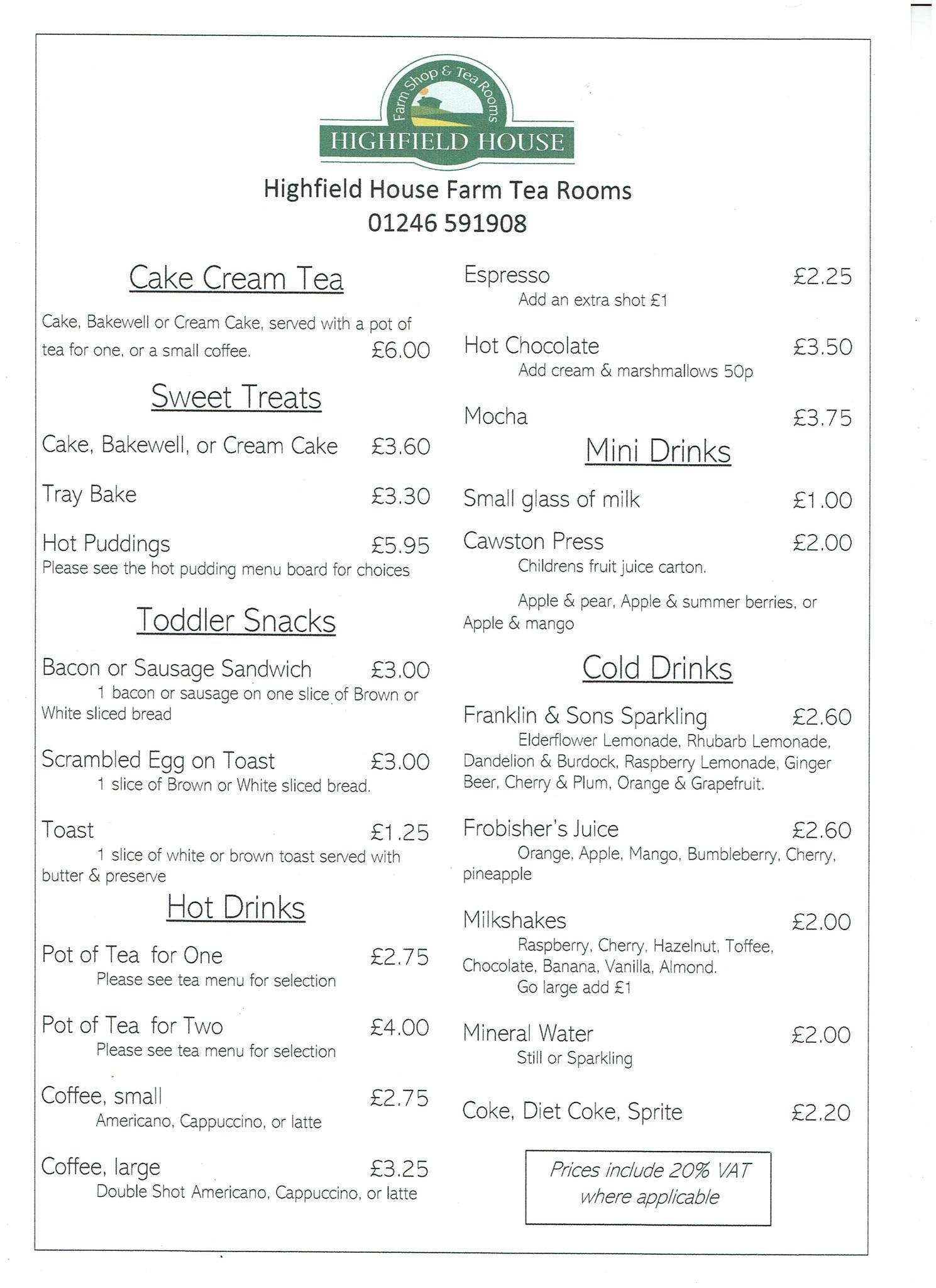 Menu at Highfield House Farm Shop & Tea Rooms cafe, Chesterfield