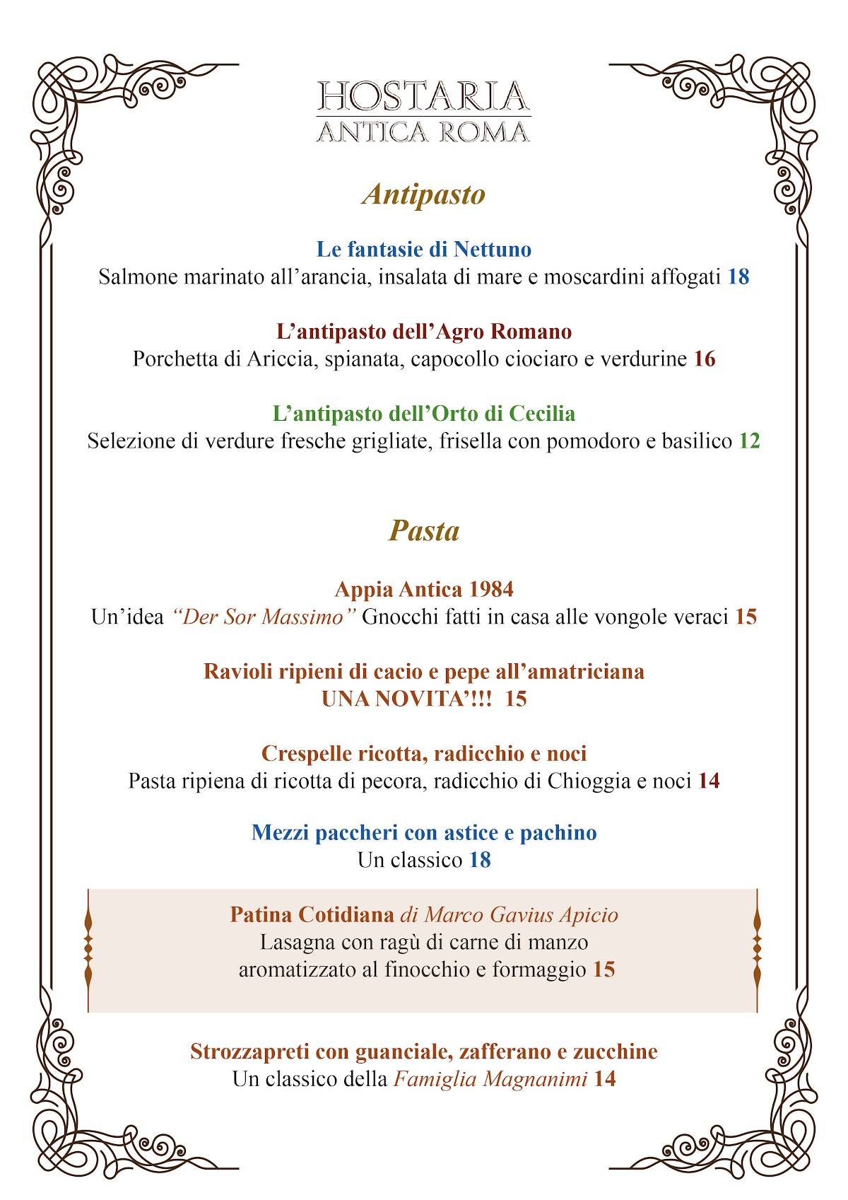 Menu at Hostaria Antica Roma restaurant, Rome, Via Appia Antica