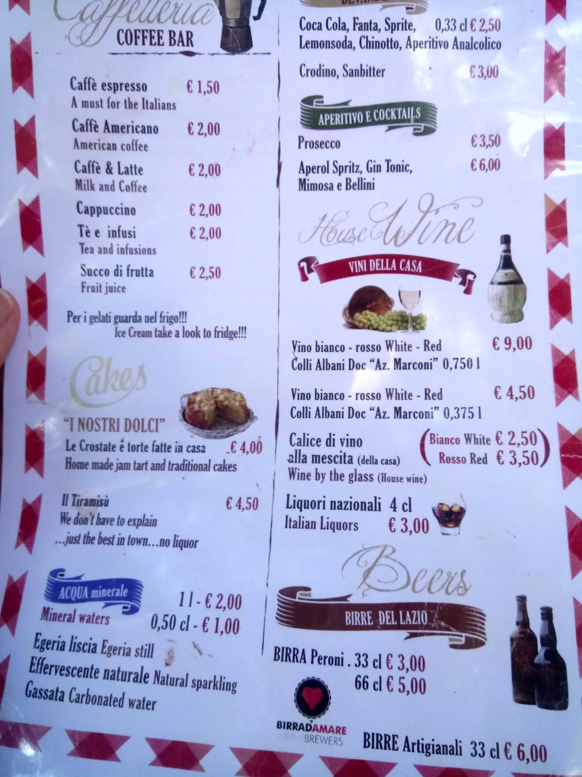 Menu at Hostaria Antica Roma restaurant, Rome, Via Appia Antica