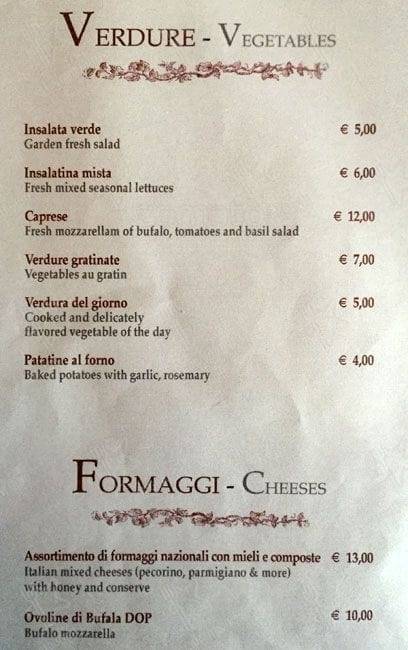 Menu at Hostaria Antica Roma restaurant, Rome, Via Appia Antica