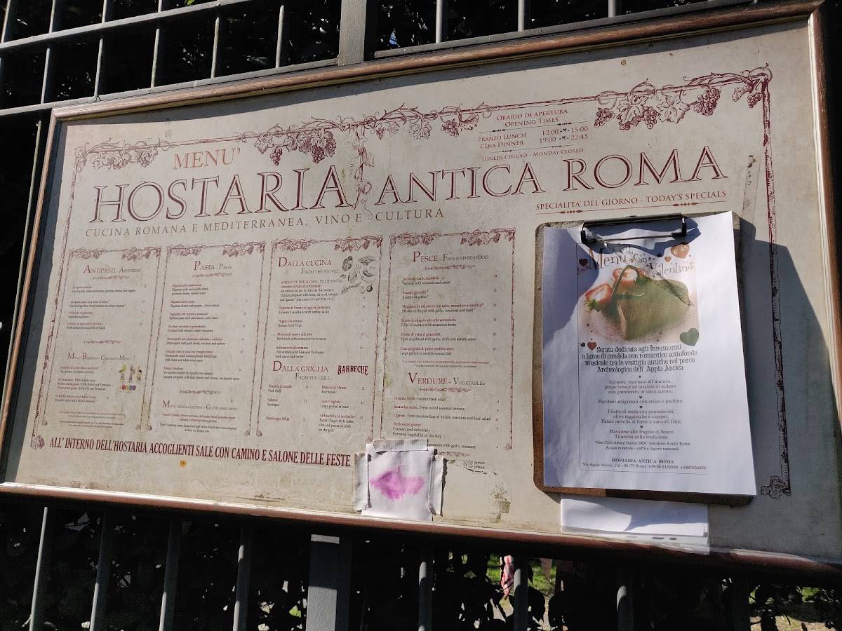 Menu at Hostaria Antica Roma restaurant, Rome, Via Appia Antica