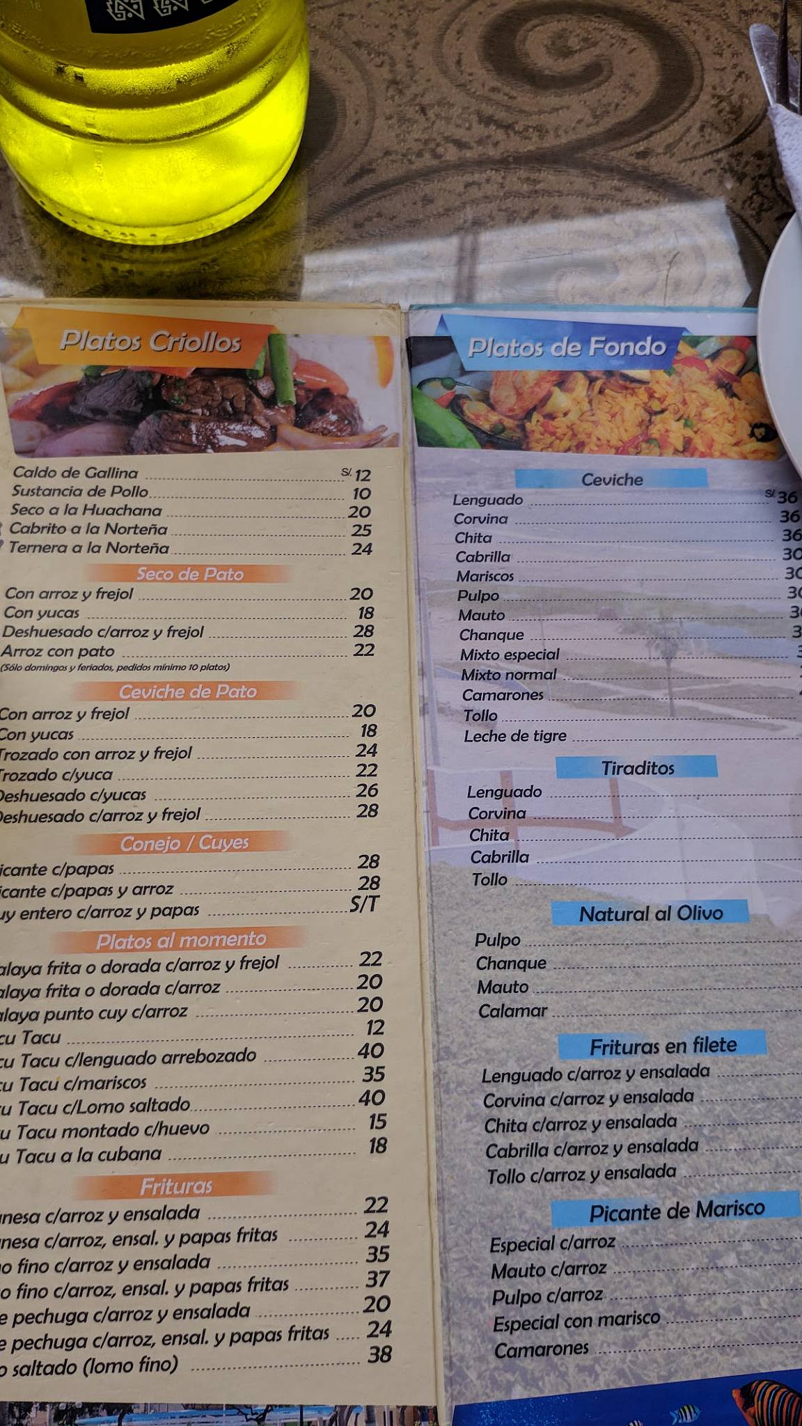 Carta del restaurante El Rosal, Huacho