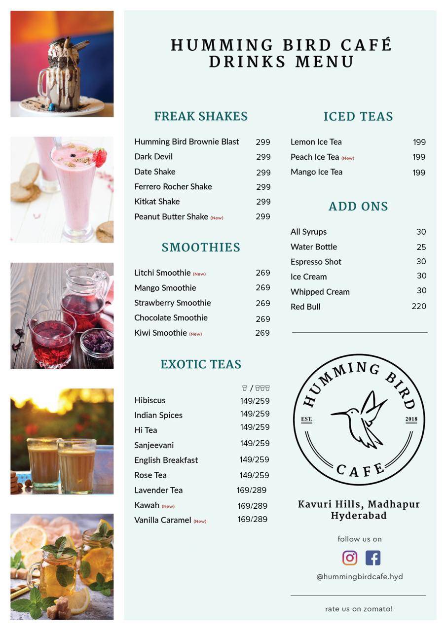 Menu at Humming Bird Cafe, Hyderabad