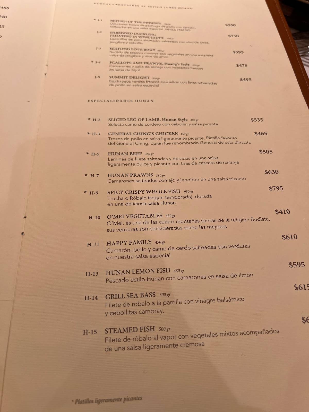 Carta del restaurante Hunan Satélite, Naucalpan del Juárez