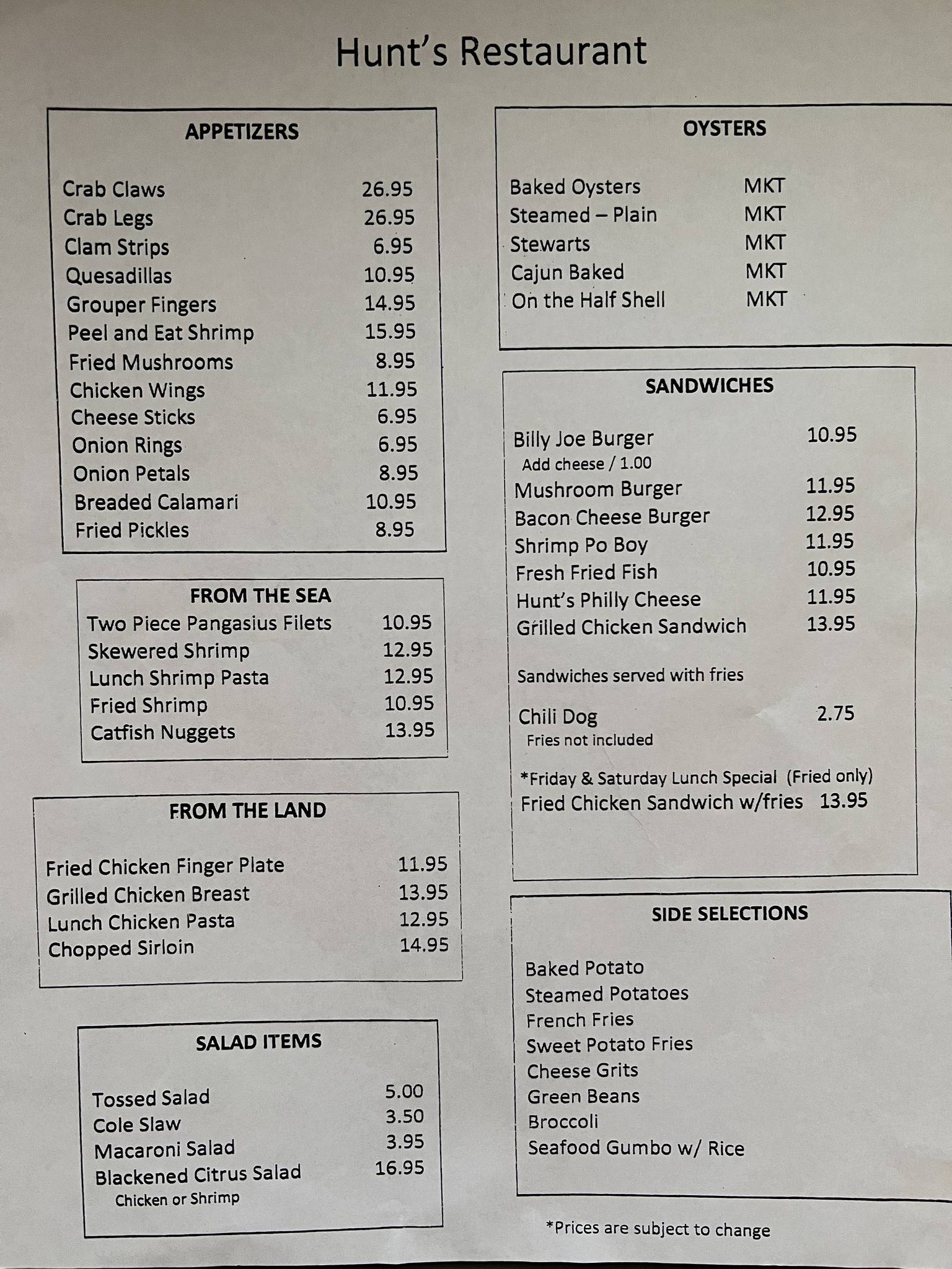 Menu at Hunt's Seafood Restaurant & Oyster Bar, Dothan