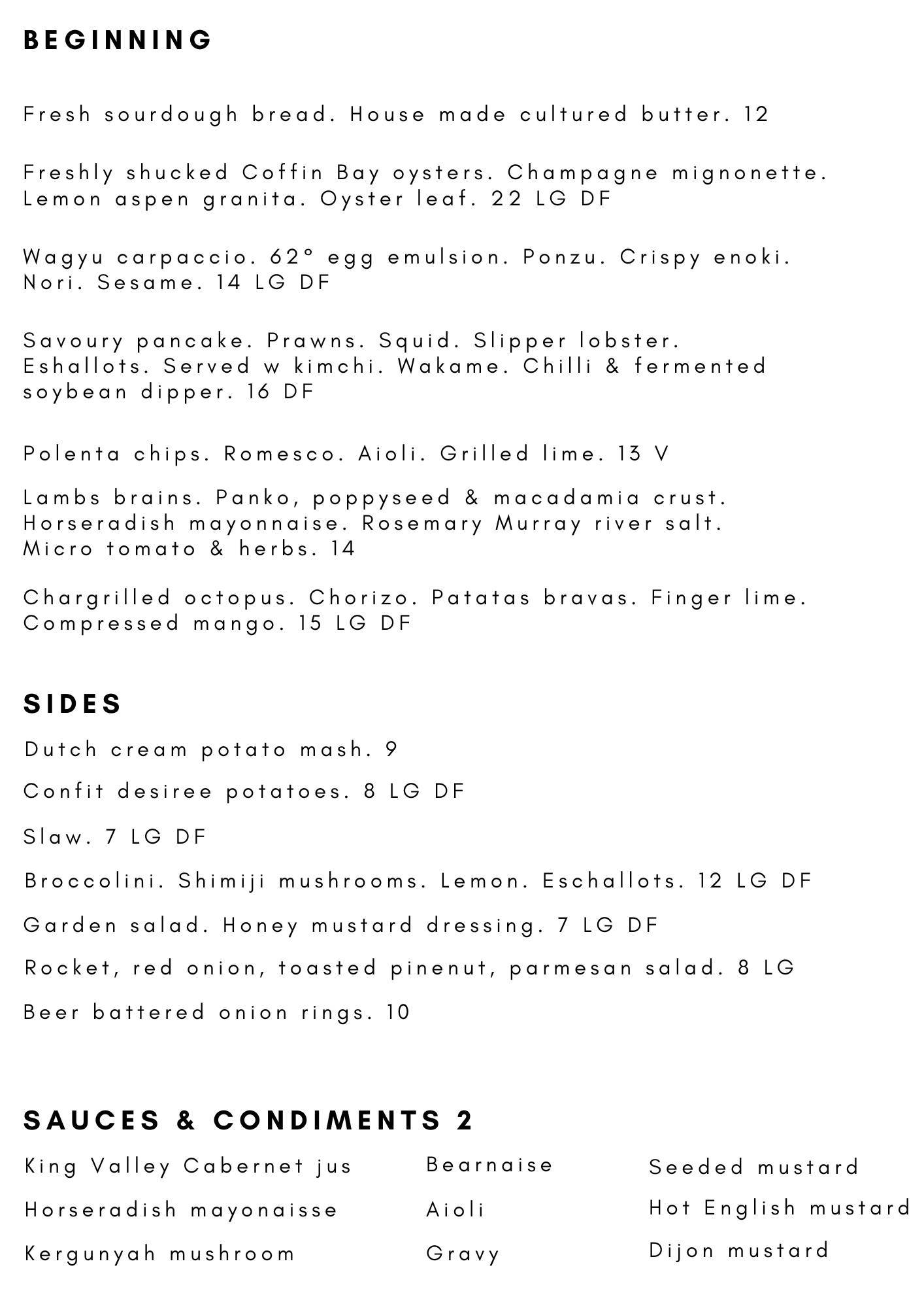 Menu at Huon Hill restaurant, Wodonga