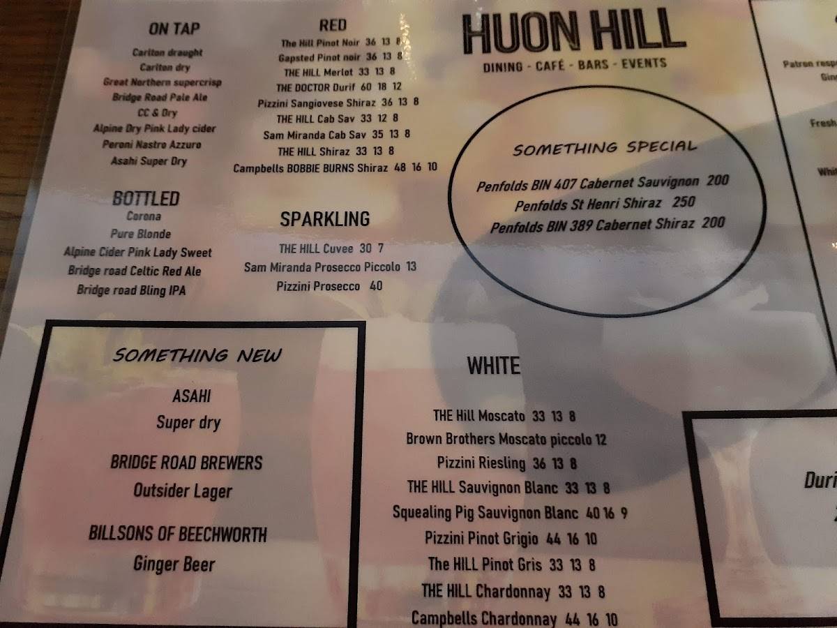Menu at Huon Hill restaurant, Wodonga