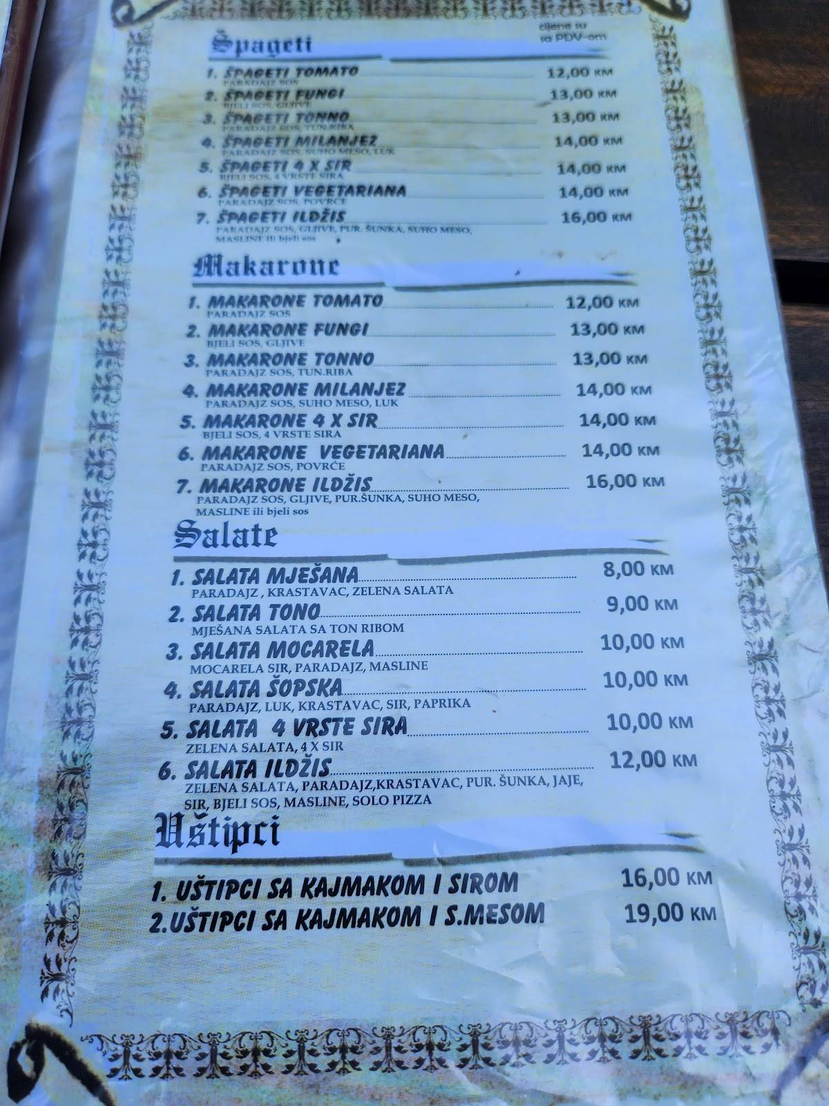 Menu at Pizzeria Ildžis, Ilidža