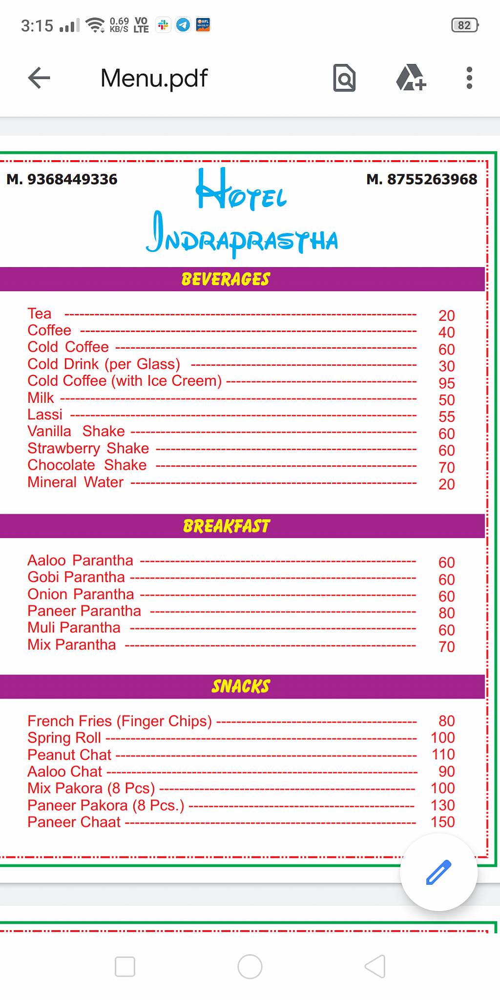 Menu at Indraprastha Hotel & Restaurant, Mawana