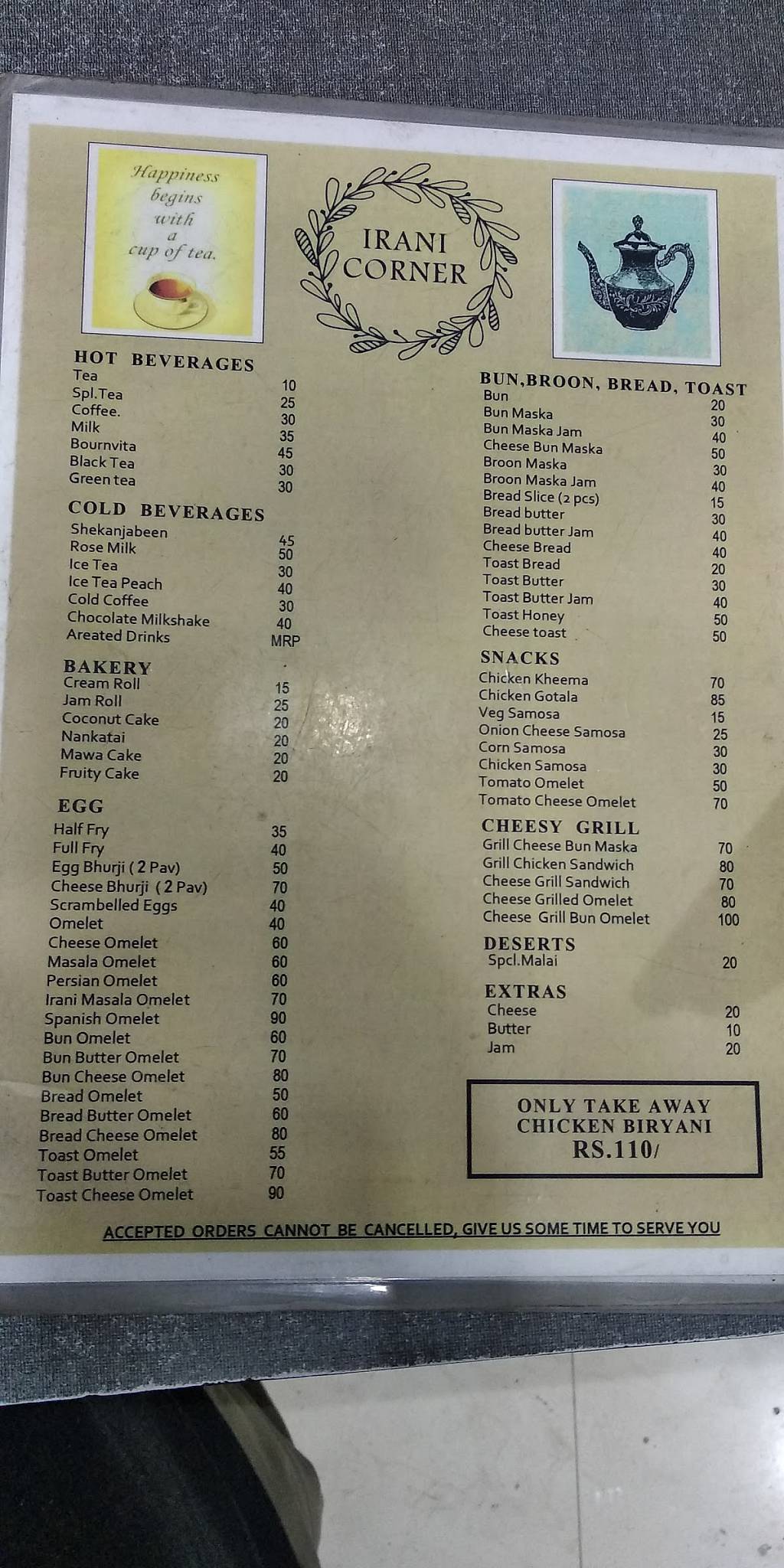Menu at Irani Corner (Irani Chai And Bun Maska), Pune