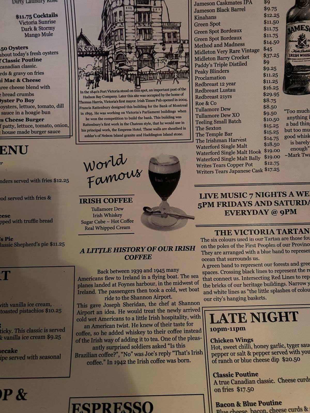Menu at Irish Times Pub, Victoria, Government St