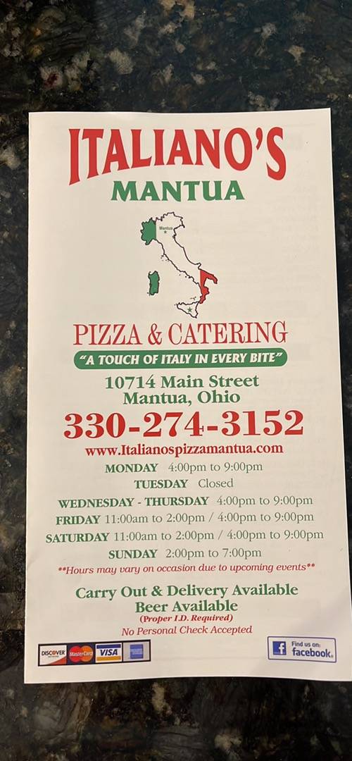 Menu at Italiano's Pizzaria And catering pizzeria, Mantua