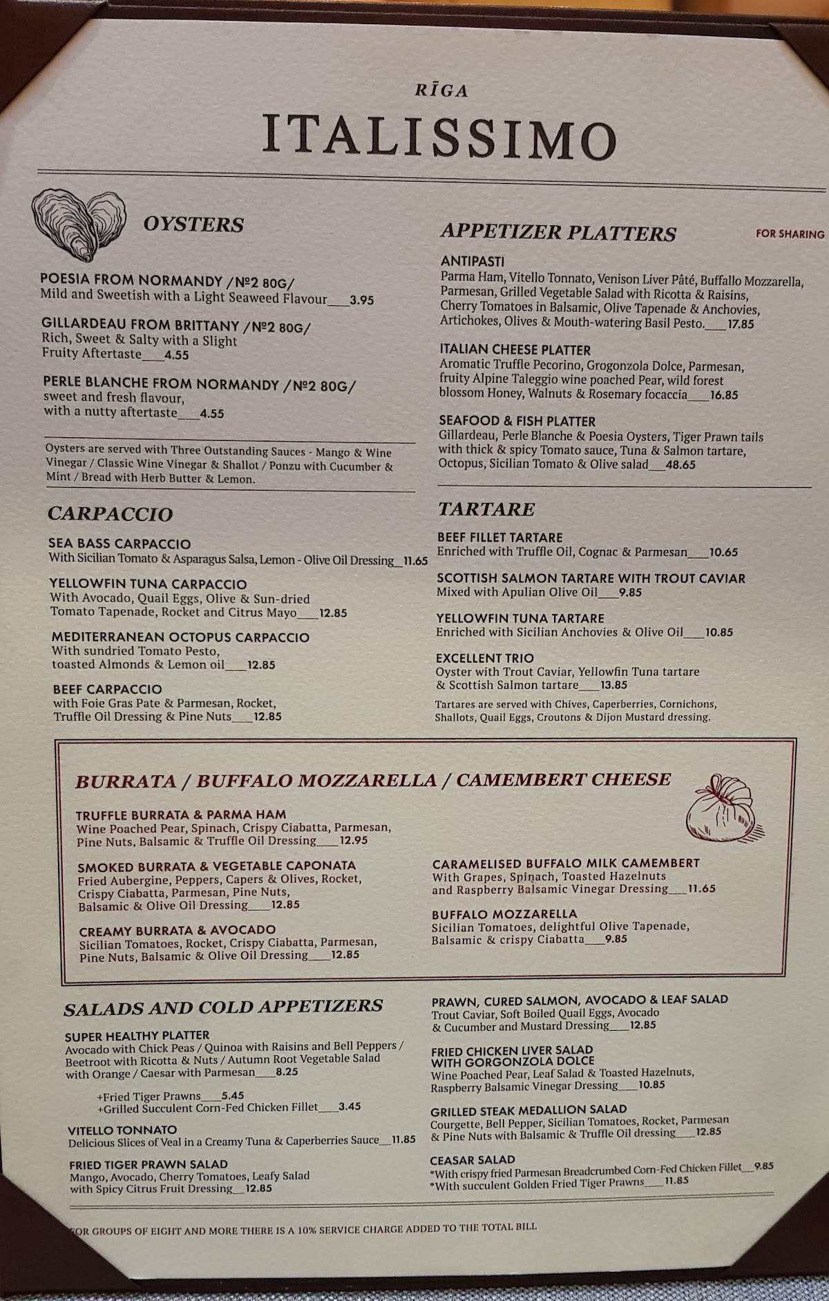 Menu at Italissimo restaurant, Riga