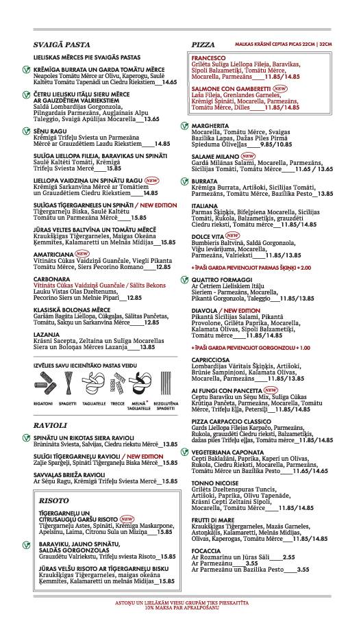 Menu at Italissimo restaurant, Riga