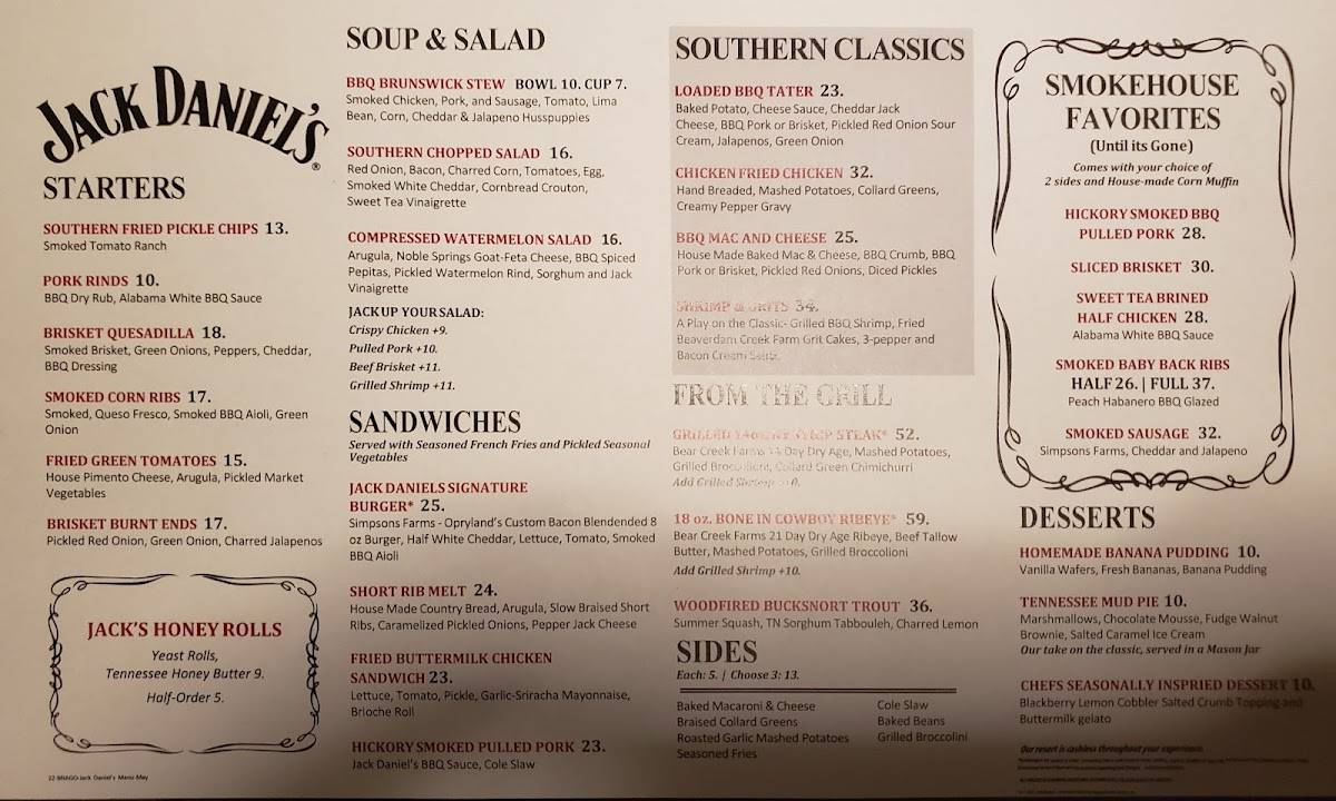 Menu at Jack Daniel's restaurant, Nashville, Opryland Dr
