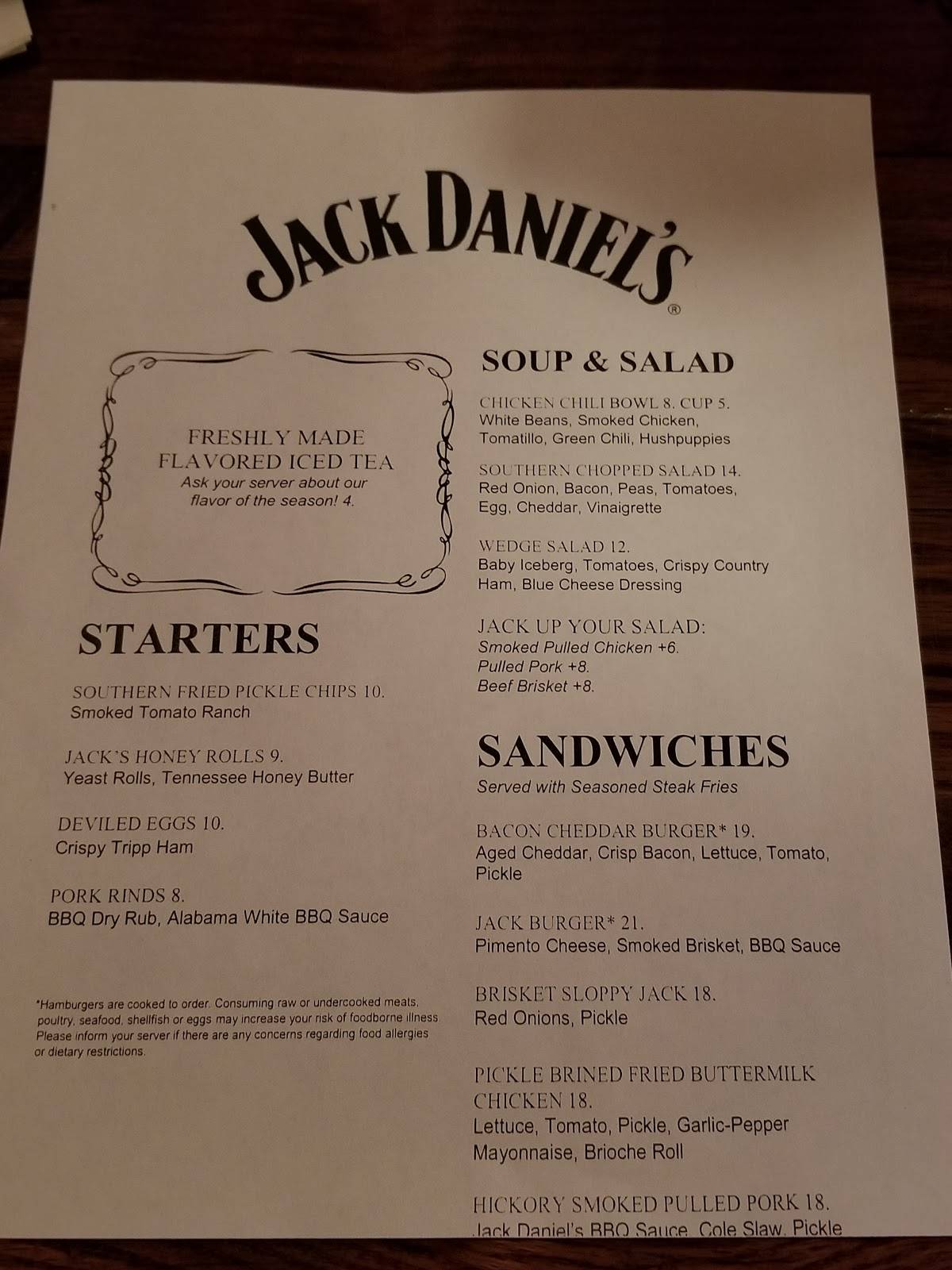 Menu at Jack Daniel's restaurant, Nashville, Opryland Dr