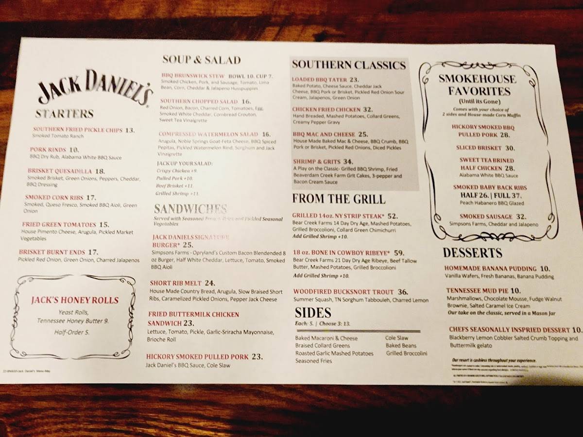 Menu at Jack Daniel's restaurant, Nashville, Opryland Dr