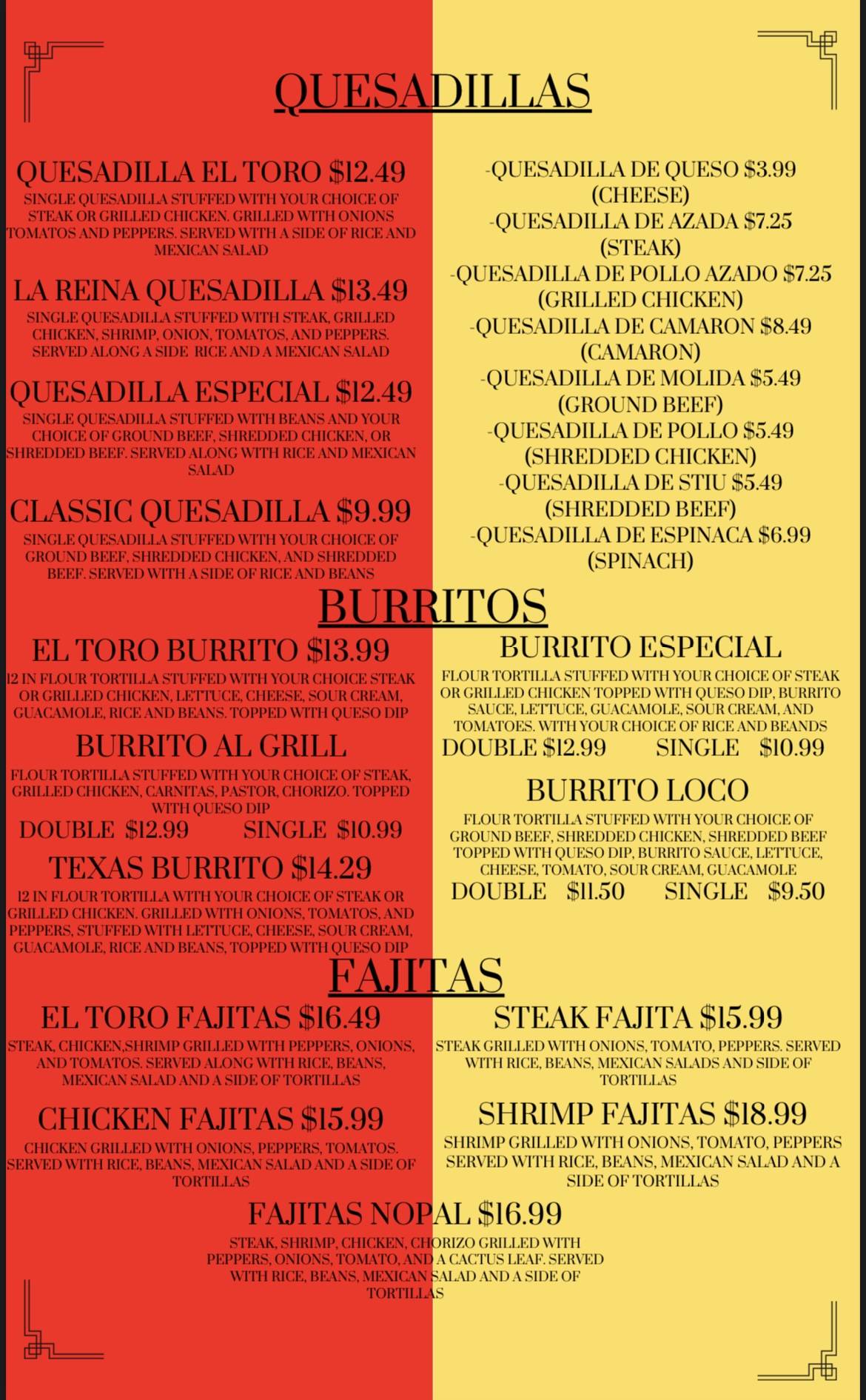 Menu at El Toro Mexican Grill restaurant, Baldwin
