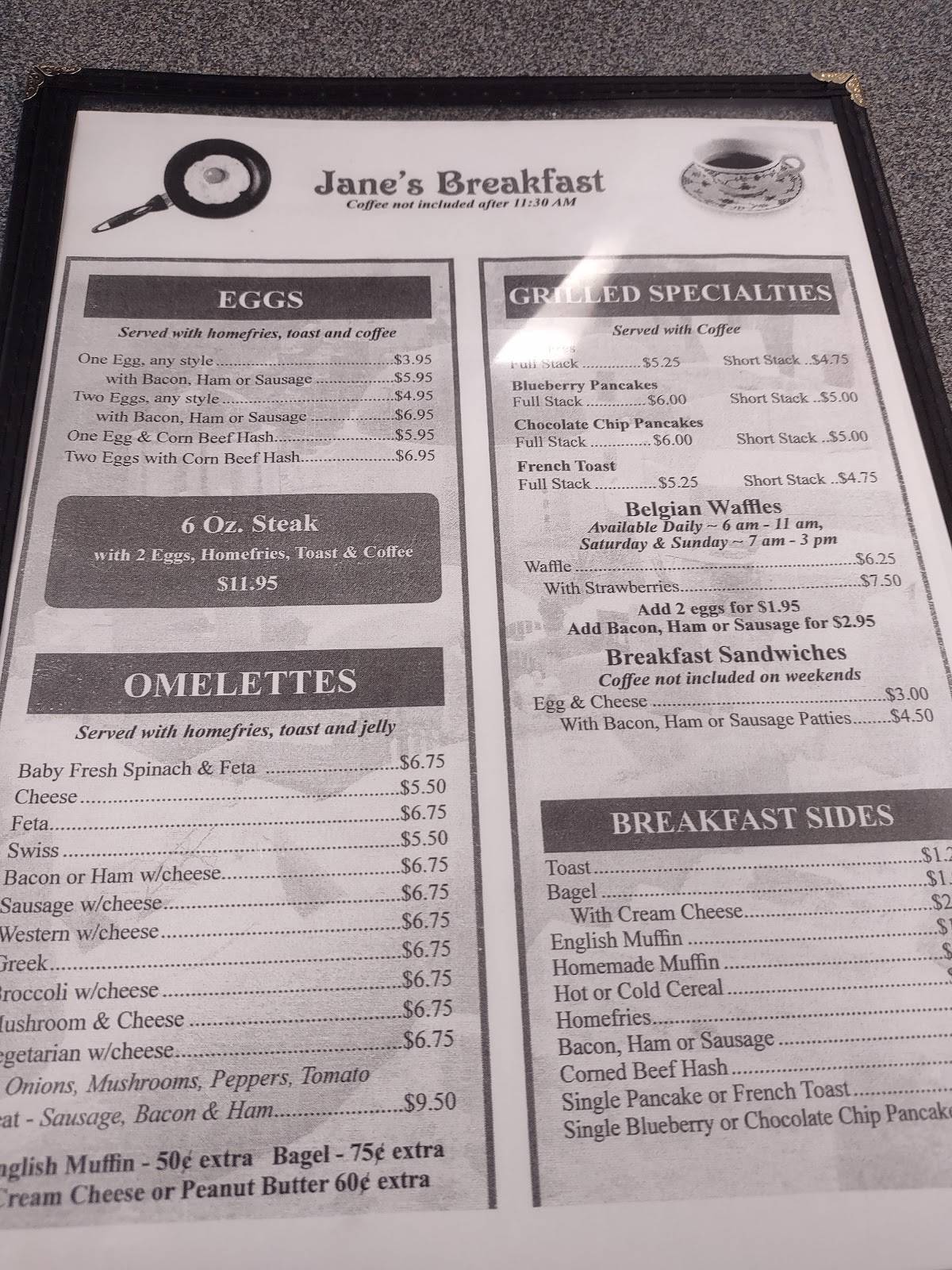 Menu at Jane's Diner restaurant, Binghamton
