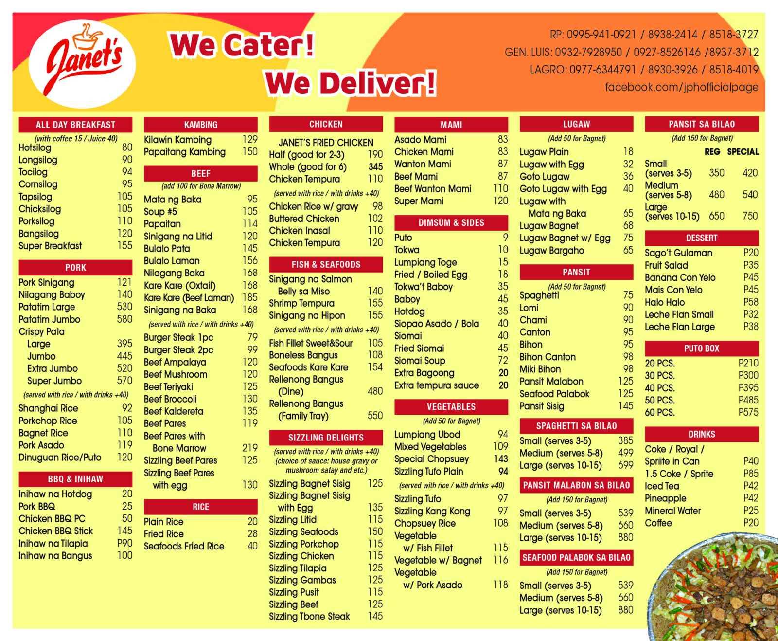 Menu at Janet's Pares House restaurant, Quezon City, P2CQ+P4M