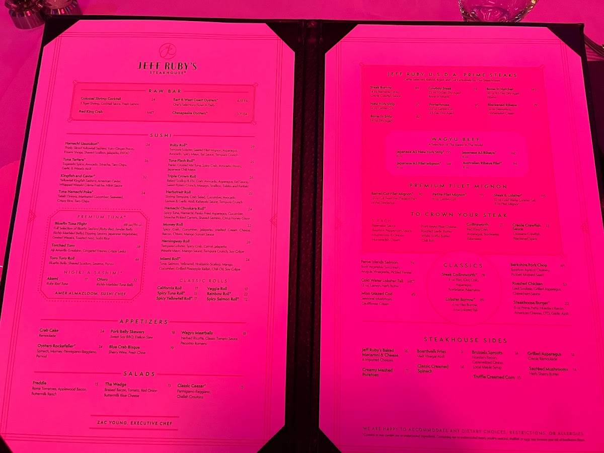 Menu at Jeff Ruby's Steakhouse, Louisville, Louisville