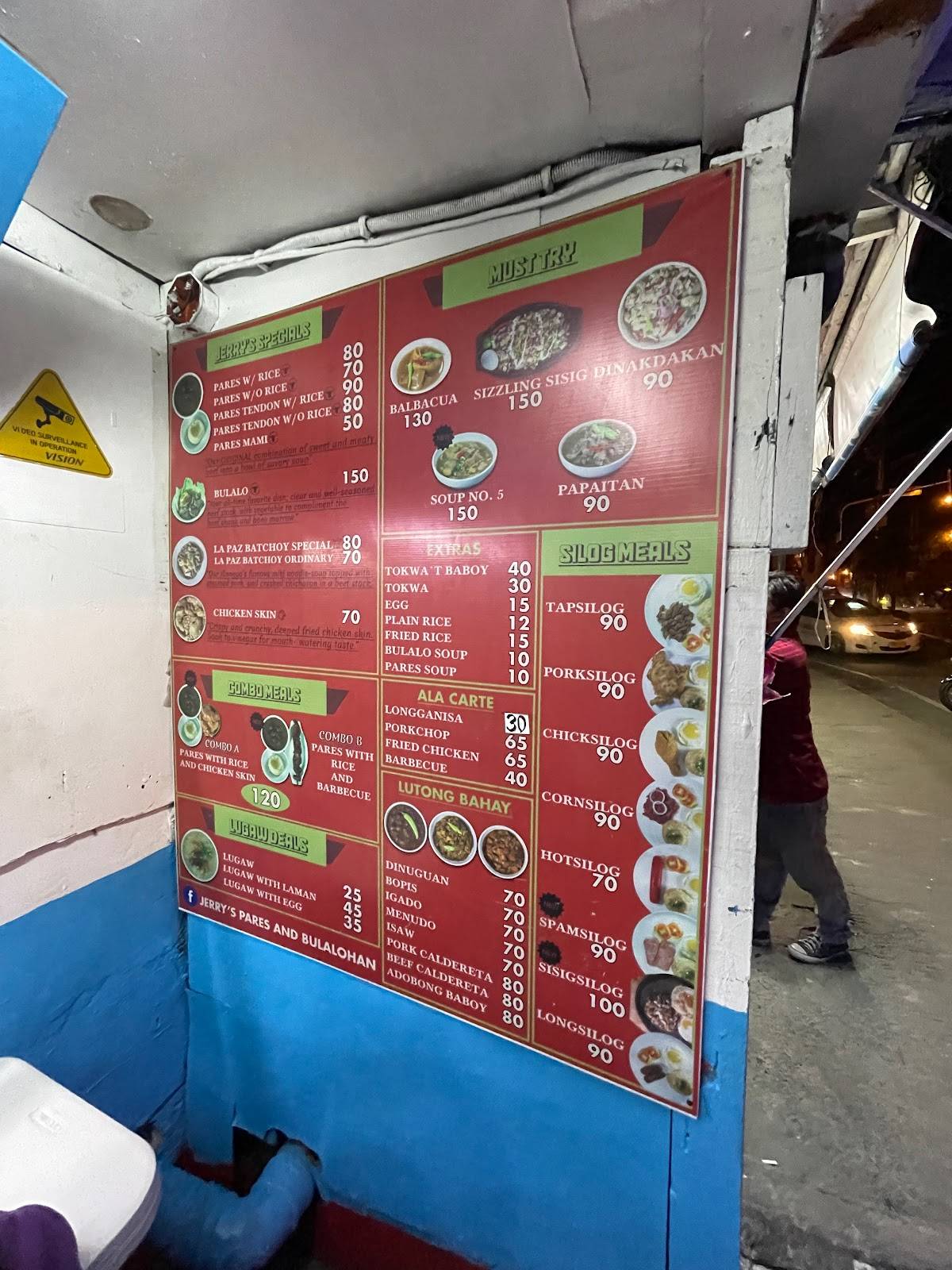 Menu at Jerry's Pares and Bulalohan restaurant, Makati