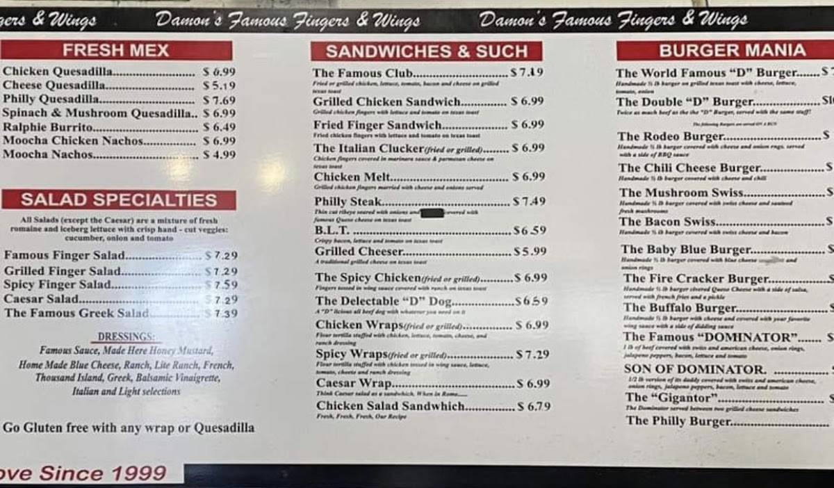 Menu at Damon's Famous Fingers & Wing restaurant, Jesup