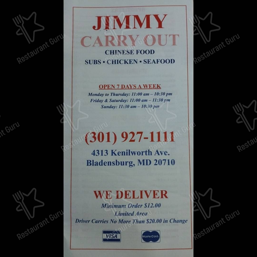 Menu at Jimmy's Carryout restaurant, Bladensburg