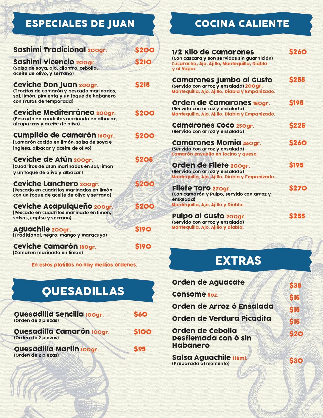 Menu at Juan Tiburón restaurant, Puerto Vallarta, Viena 131